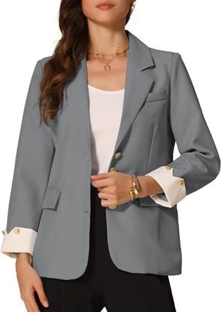 Allegra K Blazer Femme Chic et &eacute;l&eacute;gant &agrave; Revers Crant&eacute;s Veste de Blazer Boutonn&eacute; &agrave; Manches Longues Costume Habill&eacute; Gris S