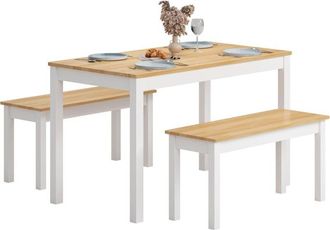 Soges Ensemble de salle &agrave; manger 3 pi&egrave;ces en bois avec 2 bancs de style maison de campagne - Blanc et Teck