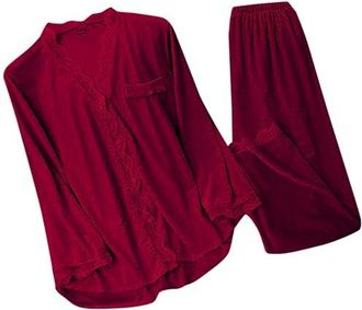 Generic Pantalon Pyjama Ensemble Cardigan &agrave; Manches Longues en Velours pour Femme, Couleur Unie, Bouton Ouvert &eacute;pais Nuisette Sexy Soie Lingerie (Wine, L)