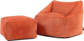 Icon Brand Natalia Sitzsack Kinder mit Hocker, Orange, Flauschiger Cord Stoff, Sitzsack Cord mit F&uuml;llung, Bequemer Kinder Sessel, Kuschelsessel, Lese Sessel, Sch
