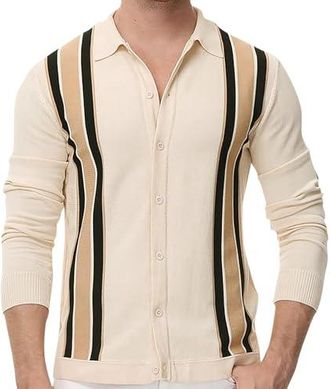 Generic Chemise tricot&eacute;e pour homme, chemise tricot&eacute;e &agrave; manches longues avec imprim&eacute; ray&eacute;, style vintage classique, tenue dentra&icirc;nement d&eacute;contract&eacute;e, conforta