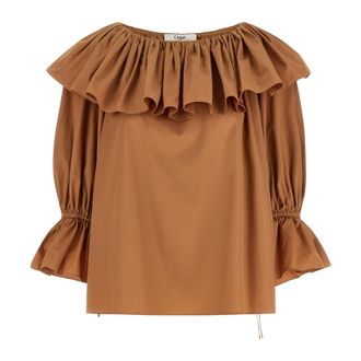 Chlo&eacute; Femme, Blouses et Chemises, Beige, Taille: 40 FR Ruffled Cotton Poplin Blouse