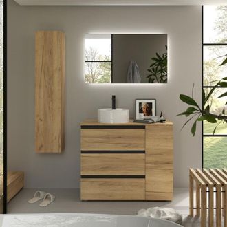 Cygnus Bath Meuble de salle de bain BEQUIA PLUS 3C 90cm Ch&ecirc;ne Vasque &agrave; poser Porcelaine C&ocirc;t&eacute; r&eacute;versible 1P