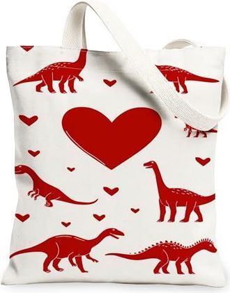 Generic Sac fourre-tout en toile motif dinosaure, sac d&eacute;picerie r&eacute;utilisable, l&eacute;ger et lavable avec bandouli&egrave;re, blanc, 13x15 Inch