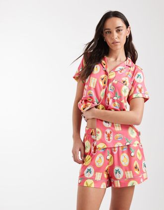 Chelsea Peers Ensemble chemise manches courtes &agrave; revers et short en jersey - Imprim&eacute; tropical multicolore-Rose