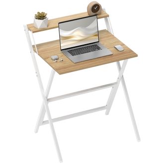 HOMCOM Klappbarer Schreibtisch Computertisch 65,5 x 45 cm mit Aufbewahrungsregal, Computertisch Schreibtisch f&uuml;r Zimmer, kleine R&auml;ume, Naturholz