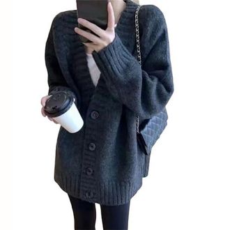 Generic Cardigan en tricot uni pour femme - Col en V - Simple boutonnage - &Eacute;l&eacute;gant et d&eacute;contract&eacute; - Pour lhiver, Gris fonc&eacute;, taille unique