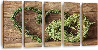 Feeby Modernes Bild 100x40 cm Vintage Retro Rustikal 5 Paneele Design Deko Wand Aesthetic Holz Herz Geflochten Liebe Grün