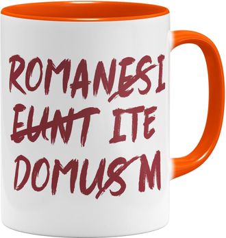 OM3 lustige Latein Kaffee-Tasse mit dem lateinischen Spruch - Romani ite Domum - Zitat - Keramik Becher - 325ml - Beidseitig Bedruckt - Orange