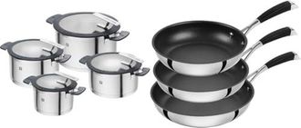 Zwilling Batterie de Cuisine Simplify (4 Pièces) en Acier Inoxydable + Set de 3 Poêles Poletto, Acier Inoxydable 18/10, diam 20, 24 et 28 cm