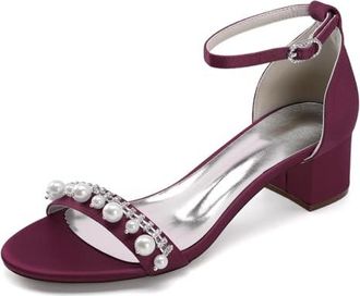 Generic Chaussures De Mari&eacute;e Femme Chunky Heels Sandale Satin Mariage Bout Ouvert Talons Bas Et&eacute; Talon Soir&eacute;e Chaussures4.5Cm,Burgundy,38 EU
