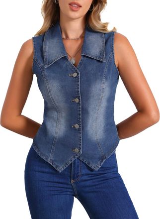 Allegra K Damen Jeansweste &Auml;rmellos mit Kragen V-Ausschnitt Knopfleiste Korsett Bustier Denim Jeansjacke Blau XL