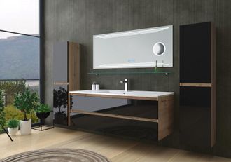 Home Line Badm&ouml;bel Set Eiche/Schwarz Kaiser Hochglanz 60/90/120 cm Spiegel incl. LED (120, 6, 2X Seitenschr&auml;nke)