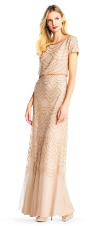 Adrianna Papell Kurz&auml;rmeliges Blouson-Kleid f&uuml;r Damen mit Perlen, Champagner/Gold, 44