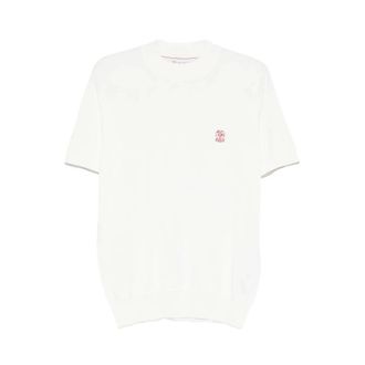 Brunello Cucinelli Homme, Pulls, Blanc, Taille: L T-shirt Tricot&eacute; &agrave; Logo Brod&eacute;