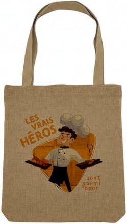 Fabulous Sac Shopping Tote Bag Aspect Lin - Les Vrais H&eacute;ros - Cuisinier M&eacute;tier Cuisine Chef Sac de Courses Toile Epaisse 360g Beige Naturel Cabas Port&eacute; Epaule 
