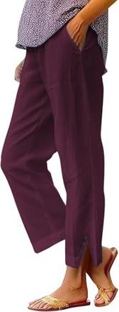 Generic Pantalon d&eacute;t&eacute; en coton et lin pour femme, pantalon court en coton et lin, taille &eacute;lastique, pantalon de d&eacute;tente l&eacute;ger &agrave; jambe droite avec poches, pant