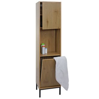 Mendler Hochschrank HWC-O42, Badschrank Badregal Badezimmer Schrankf&auml;cher W&auml;schekorb, MDF Melamin 174x39x30cm - Holzoptik Natur