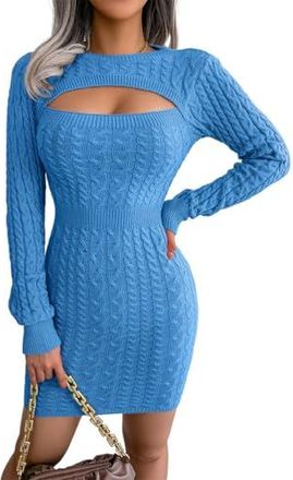 Onsoyours Robes Femme Courte Moulante Col Roul&eacute; Manches Longues Robe en Tricot Stretch Pull Long Casual &Eacute;l&eacute;gante Mini Robe Crayon Cocktail A Bleu XS
