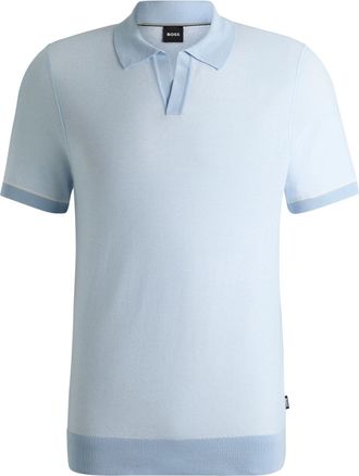 BOSS Herren H-Jianluca Kurzärmeliger Strick-Polo-Pullover aus Baumwoll-Mix mit Johnny-Kragen Hellblau XL