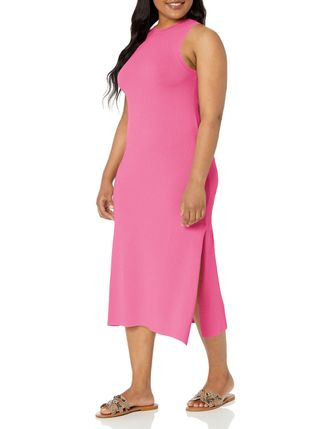 The Drop Damen Gabriela Maxikleid mit hohem Halsausschnitt, A-Linie, Seitenschlitz, Rosa., Small
