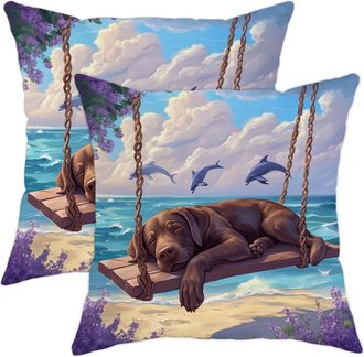Generic Ozean-Kissenbezüge, brauner Labrador-Hund, schwingend, dekorative Wurfkissen, Strandhaus-Dekor-Kissenbezüge für Zuhause, Sofa, Couch, Wohnzimmer, 40,6