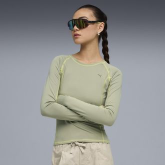 Puma Haut ajust&eacute; &agrave; manches longues YONA Femme, V&ecirc;tements, Vert, XS