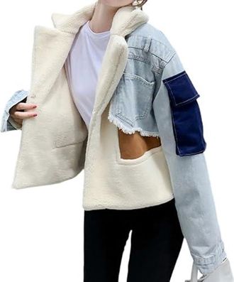 Generic Veste courte en jean pour femme avec doublure en polaire, col &agrave; revers, v&ecirc;tement dext&eacute;rieur d&eacute;contract&eacute; patchwork chaud, bleu, XXL
