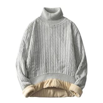Generic Pull à col roulé pour homme en tricot torsadé à manches longues pour lhiver et lautomne doublé polaire chaud et épais, Gris 2, 3XL