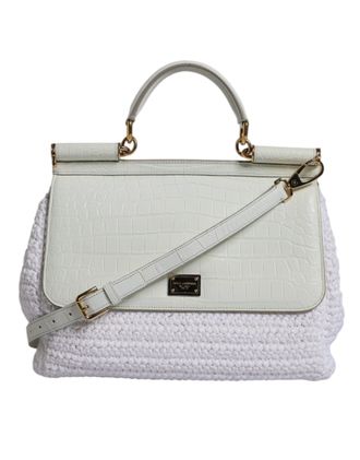 Dolce & Gabbana Womens White Rafia Leather Top Handle Crossbody Bag