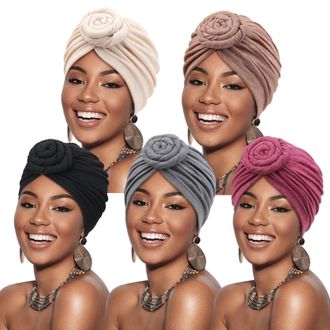 Dreshow 5 St&uuml;cke Afrikanischen Turban f&uuml;r Damen Soft Vorgebunden Knot Mode Plissee Turban Hut M&uuml;tze Kopfwickel Schlafm&uuml;tze