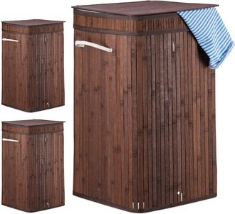 Relaxdays Corbeille à linge pliable, lot de 3, Bambou, avec anse, 70 litres, couvercle, HxlxP 63 x 36 x 36 cm, marron