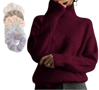 Generic Pull tricoté à col roulé à motif losanges pour femme, pull à manches longues pour automne, coupe ajustée, pull surdimensionné, rouge vin, XXL