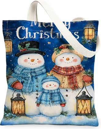 Generic Sacs fourre-tout en toile motif bonhomme de neige de Noël, sacs dépicerie réutilisables, légers et lavables avec bandoulière pour voyage en plein air,