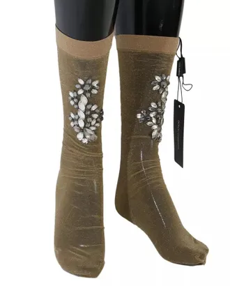 Dolce & Gabbana Womens Gold Stretch Floral Clear Crystal Stocking Socks Nylon Clothing