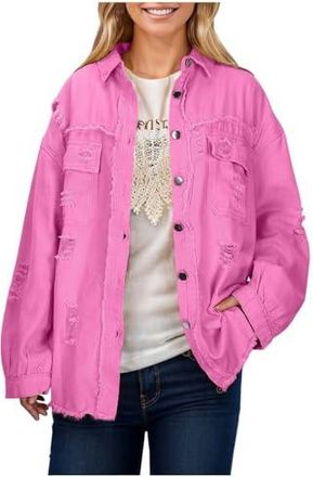 Generic 2026 Vestes classiques en jean vieilli pour femme, mi-longue, manches longues, coupe ajust&eacute;e, v&ecirc;tements dext&eacute;rieur d&eacute;contract&eacute;s et polyvalents, rose, 