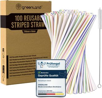 Greenland 100 Wiederverwendbare Gestreifte Trinkhalme mit Bürste - 21 cm lang, 6 mm breit - Perfekt für Cocktails, Milch, Saft, Tee (Strohhalme)
