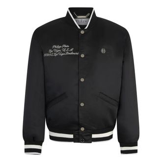 Philipp Plein Homme, Vestes, Noir, Taille: XL Shiny Satin Varsity Bomber Signature Las Vegas