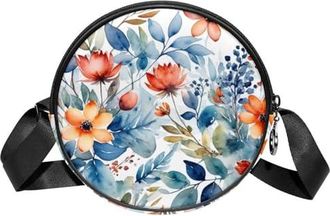 Generic Petit sac &agrave; bandouli&egrave;re circulaire pour femme, motif feuilles florales, sac &agrave; dos avec fermeture &eacute;clair, bretelles r&eacute;glables, sac &agrave; main rond d&eacute;contra
