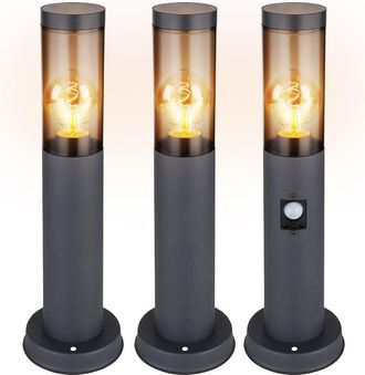 Globo Lighting Au&szlig;enstehlampe mit Bewegungsmelder Pollerleuchte Au&szlig;en Sockelleuchte Gartenlampen anthrazit IP44, Edelstahl rauchfarben, 1x E27 Fassung, DxH 7,6x45cm,