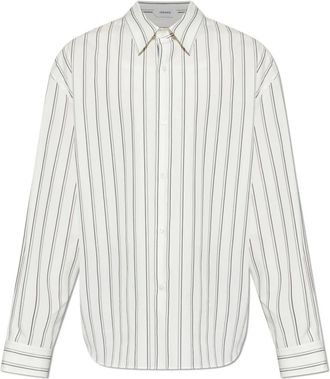 Versace Homme, Chemises, Blanc, Taille: XL Striped Cotton-Poplin Loose Shirt