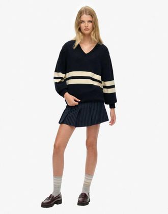 Superdry Pull oversize &agrave; col V et bandes ray&eacute;es - Bleu marine profond