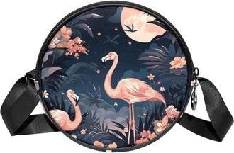 Generic Sac &agrave; bandouli&egrave;re rond pour femme, motif flamants roses, petit sac &agrave; bandouli&egrave;re avec fermeture &eacute;clair, bretelles r&eacute;glables, sac &agrave; main rond d&eacute;contrac