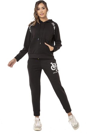 Cipo & Baxx Damen Jogginganzug WLR147 Schwarz - Zweiteiliges Set aus Kapuzenjacke und Jogginghose mit modischem Design, hohem und sportlich-femininer Passform - W