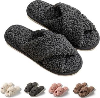Generic Chaussons Femme Bandes Crois&eacute;es Flous Slide &Agrave; Doigts Ouverts en Mousse M&eacute;moire Plush, Chausson Chauds Confortables pour Chambre Maison Int&eacute;rieur,Gris,