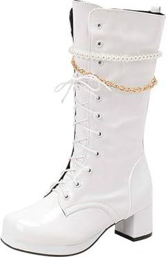 Generic Bottes mi-mollet pour femme - Bout rond - Talon bloc - Lacets - Élégantes - Chaussures de fête - Fermeture éclair large - Antidérapantes, blanc, 40.5 