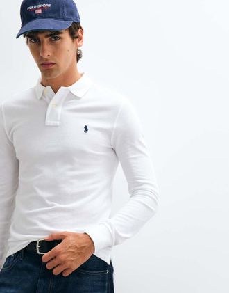 Polo Ralph Lauren Icon-Logo Slim Fit Langarm-Piqu&eacute;-Polo in Wei&szlig;