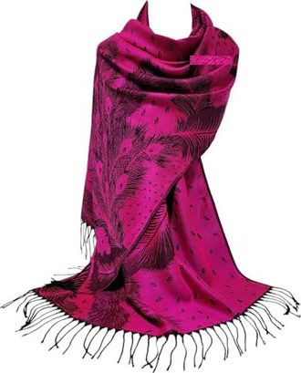 GFM &Eacute;charpe de style pashmina, motif plumes de pao - Rose Vif Noir - (PCKPASH-P51)