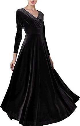 Generic Robe d&eacute;contract&eacute;e et douce en velours dor&eacute; sexy pour femme et hiver, col rond, manches longues, robe festive pour femme, Noir, 3XL