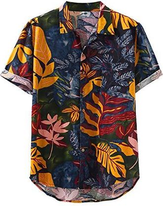 Generic Chemise en coton et lin pour homme, chemisier dentra&icirc;nement &agrave; manches courtes imprim&eacute; rond en lin avec poche, chemisier l&eacute;ger pour homme, Multicolore.